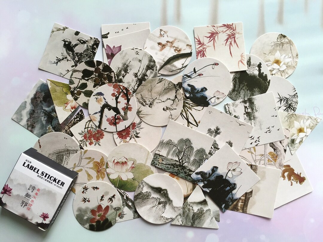 40 Ink Painting Stickers Chinese Traditional Bird Flower Sticker ...