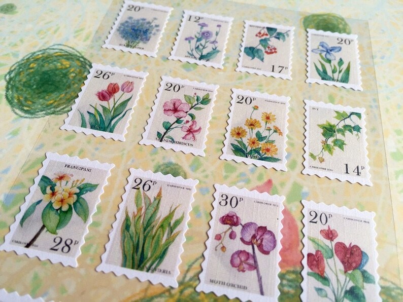Vintage Flower Stickers Retro Flower Postage Sticker Flower Stamp Label ...