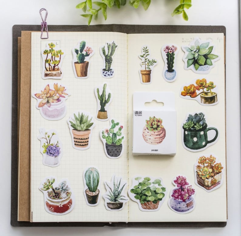 50 Mini Potted Plant Sticker Fat Plant Cactus Chart Botany Art Print ...