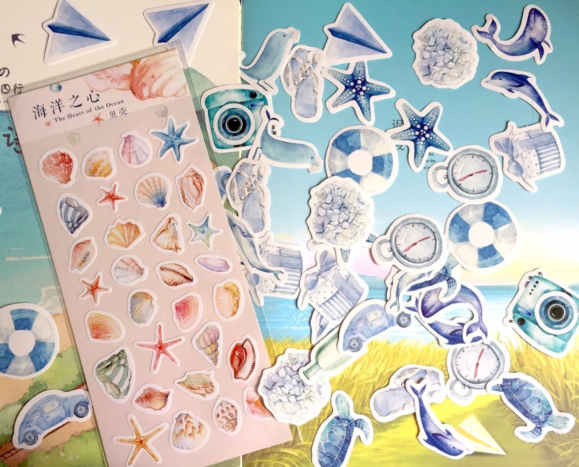 45 nautical theme sticker blue tone blue series blue whale | Etsy