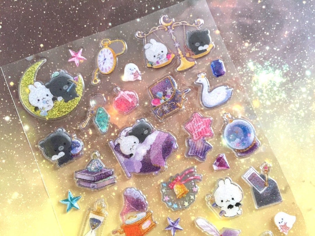 Rabbit Bear Friendship Sticker Adorable Buddy Teddy Sitting on Moon ...