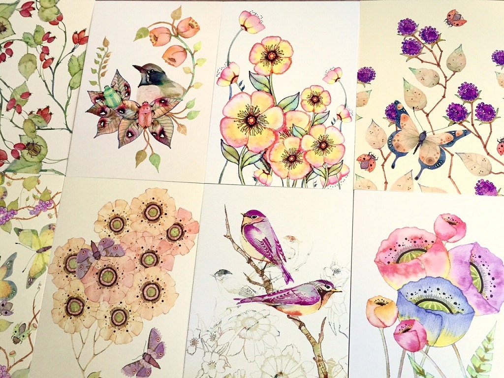 22 Flower Bird Postcard Fancy Garden Flower Plant Butterfly Post Card ...