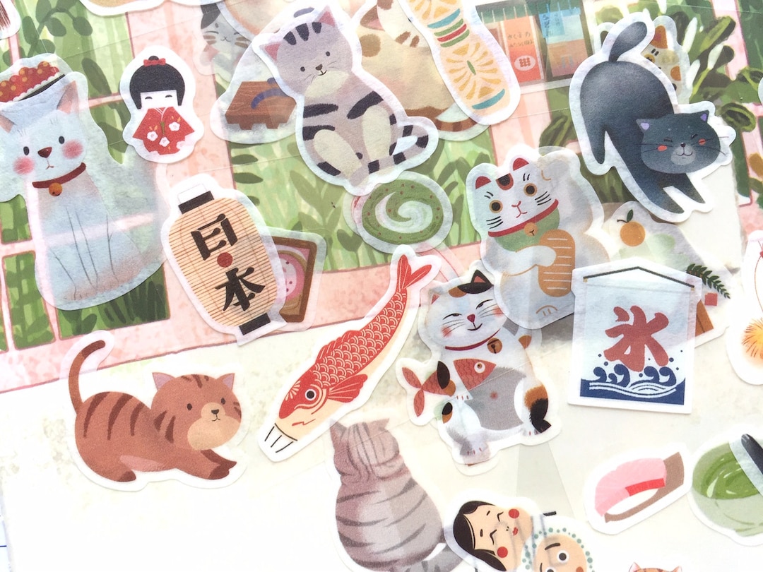 Japanese Cartoon Cat Sticker Fuji Mountain Maneki-neko Lucky Cat ...