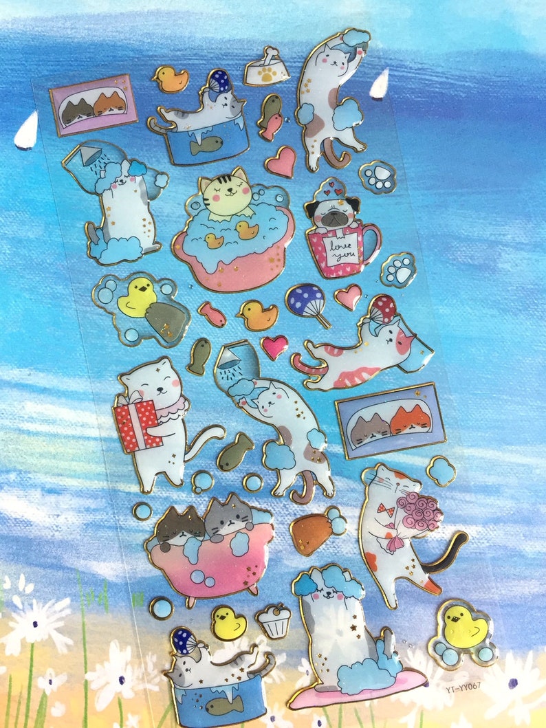 Bathing Cat Sticker Cat Bath Cat Shower Cat Bubble Bath Yellow - Etsy