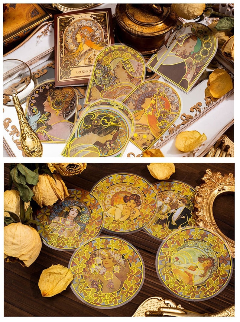30 Alphonse Mucha Gold Foiled Stickers Mucha Art Collection Decals ...