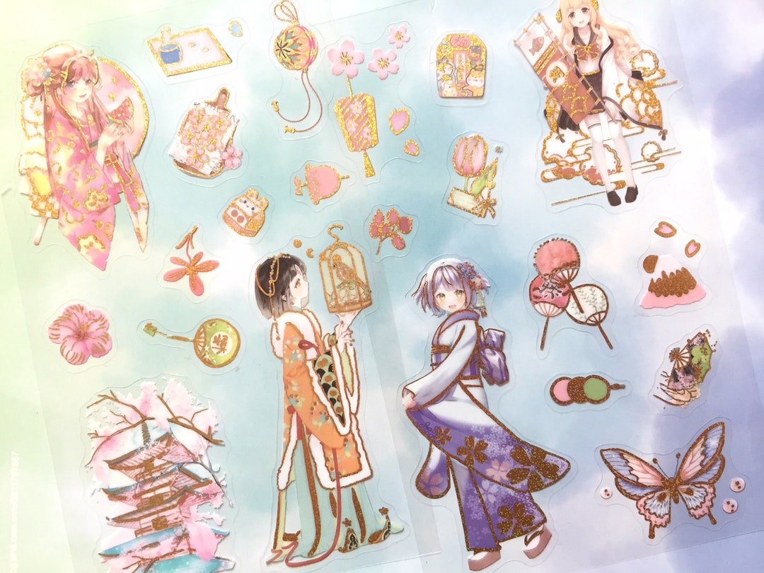 4 Sheets Japan Anime Girl Sticker Kimono Fashion Cartoon Traditional ...
