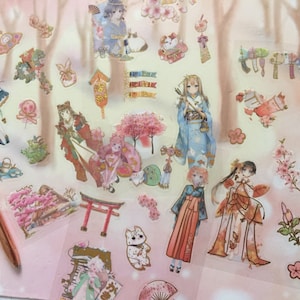 4 Sheets Japanese Girl Stickers Japan Kimono Anime Cartoon Comic Girl ...