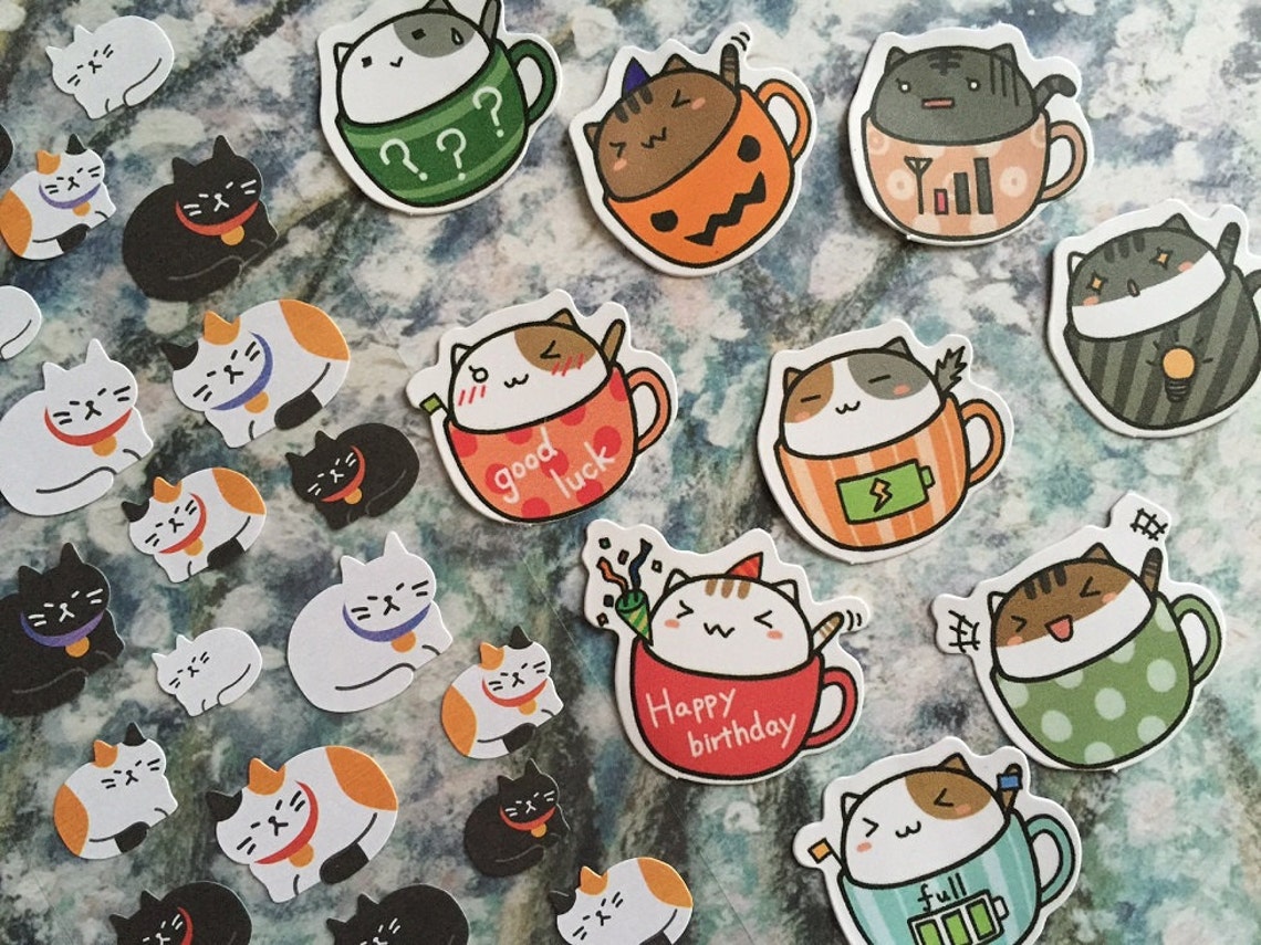 30 Cat in Cups Stickers Cute Cat Meow Meow Mascot Sticker Cat | Etsy