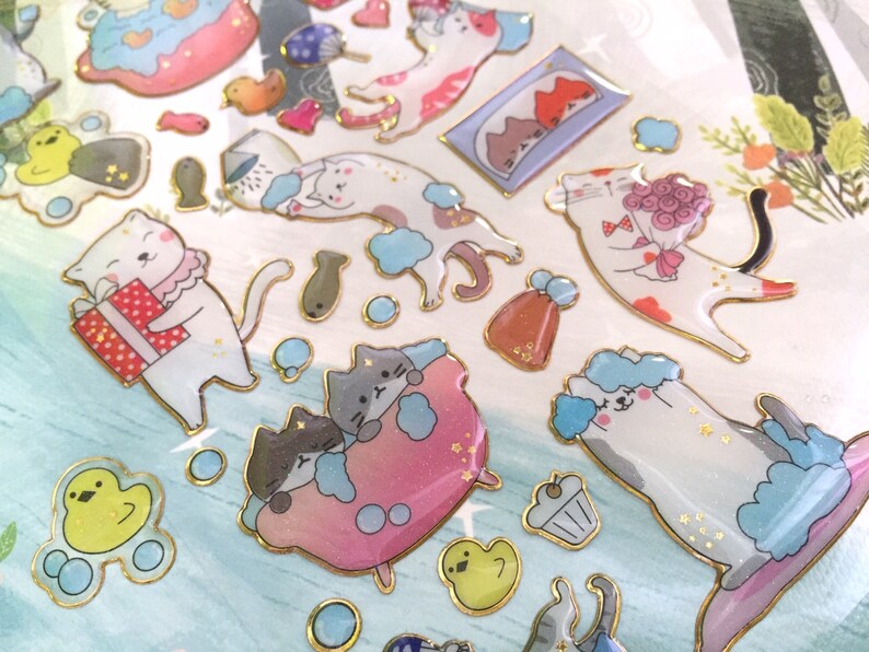 Bathing Cat Sticker Cat Bath Cat Shower Cat Bubble Bath Yellow - Etsy