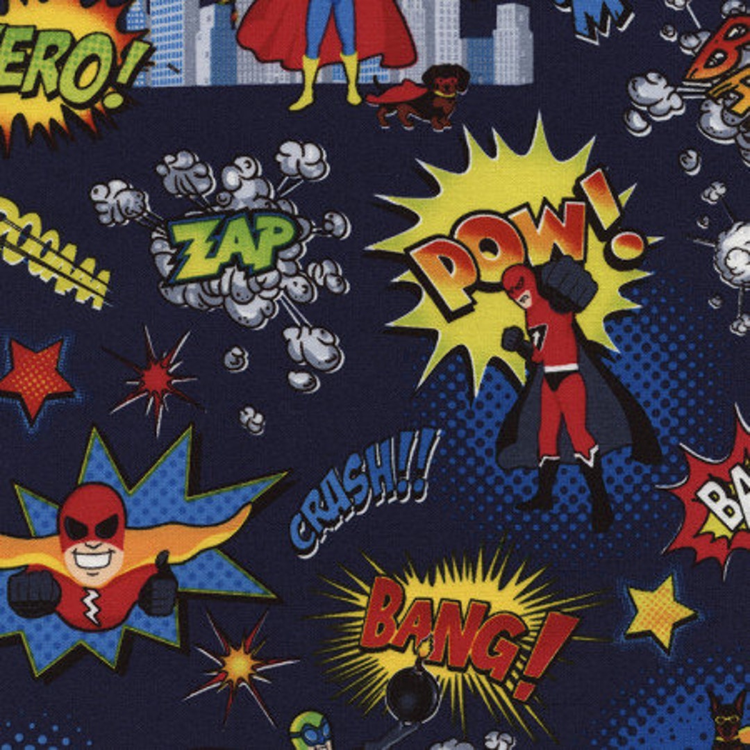 Timeless Treasures Stoff Comic Kinder blau Superhero Superhelden 0,5 m ...