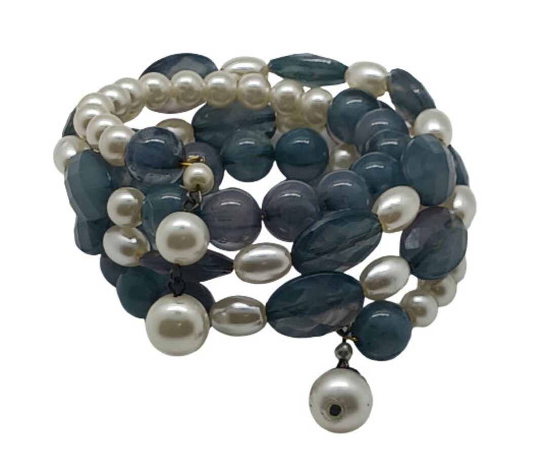 Handmade Glass Grey White Faux Pearl Beaded Coil Bracelet - Etsy