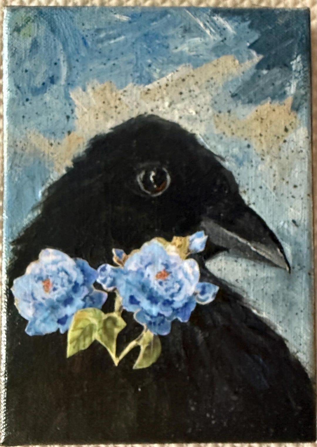 Crow Acrylic Painting, Stormy Blue Sky, Cottagecore Decor, 7x5" - Etsy