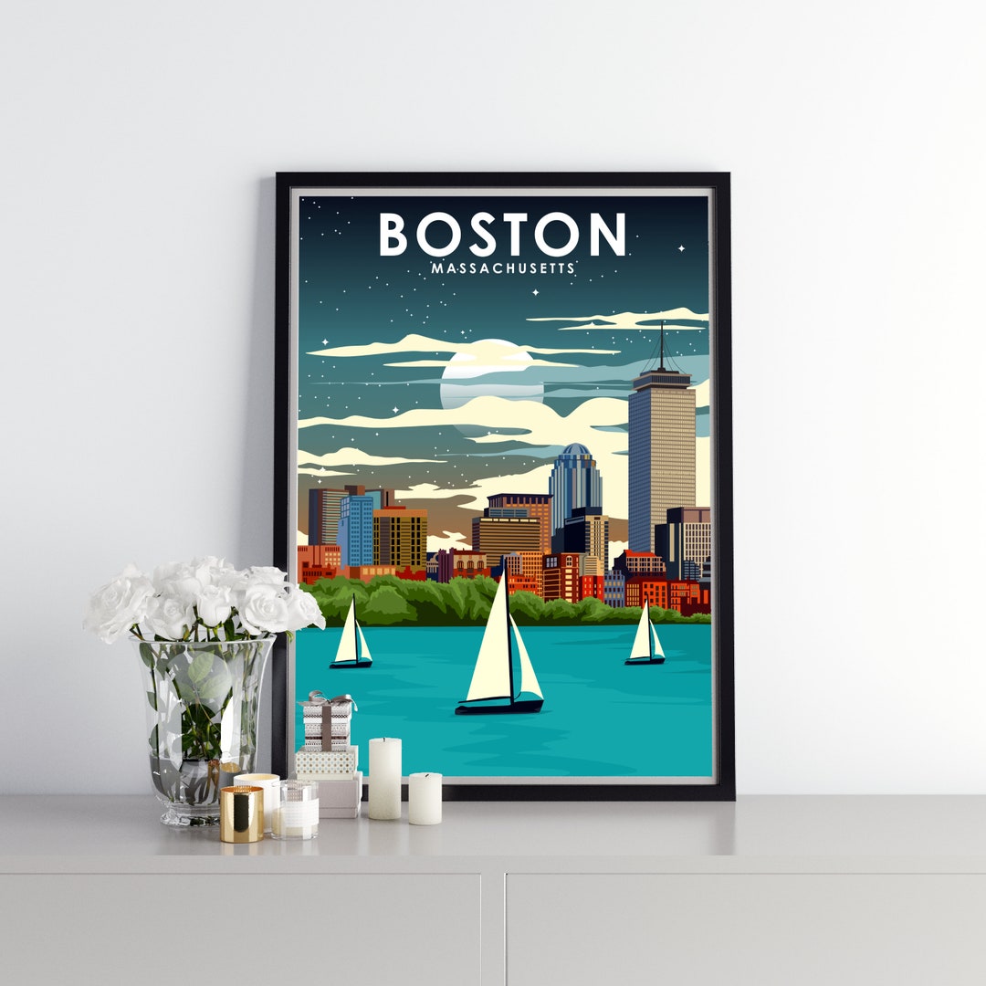 Boston Massachusetts Skyline City Scape Vintage at Night Travel Poster ...