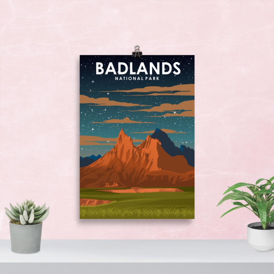 Badlands National Park Vintage Minimal Retro Travel Poster at Night - Etsy