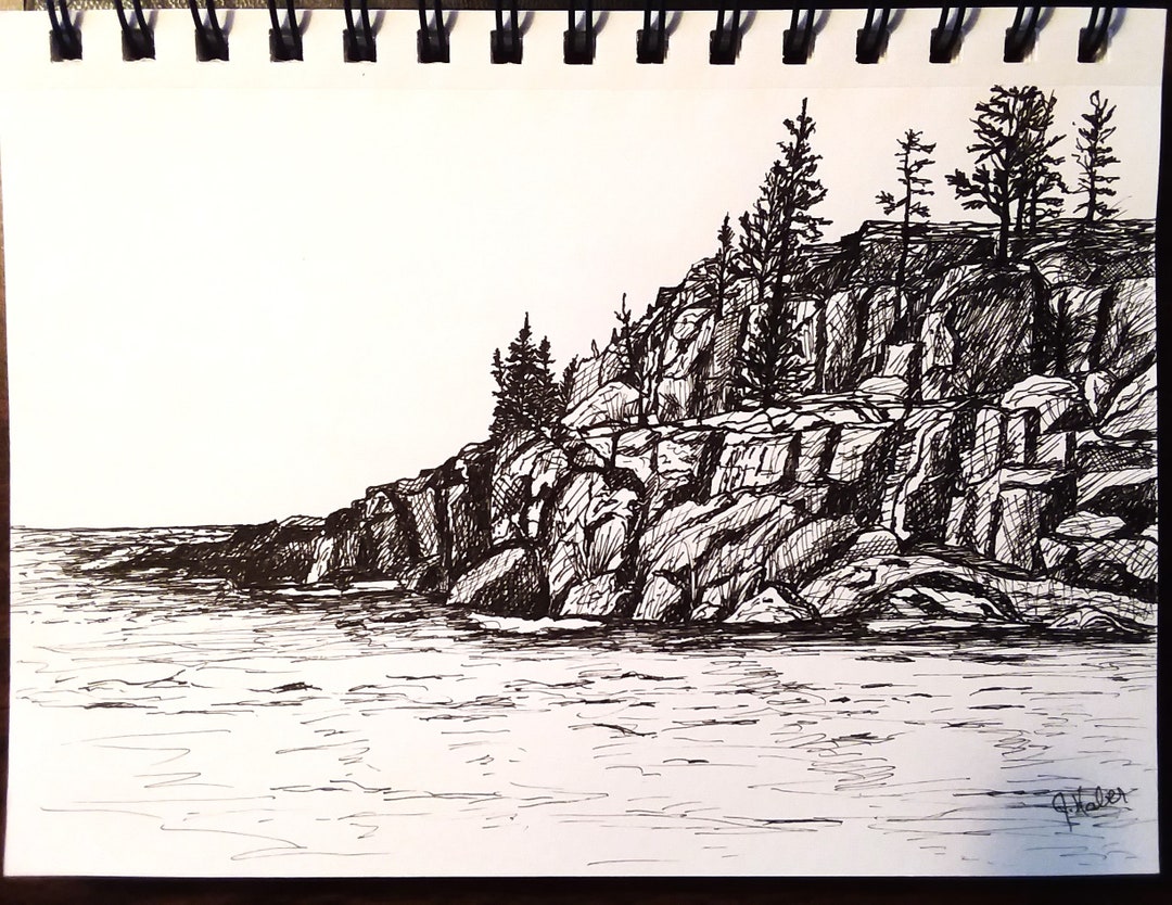 Acadia National Park, Pen and Ink Drawing, Landscape Artwork, 5 1/2 X 8 ...