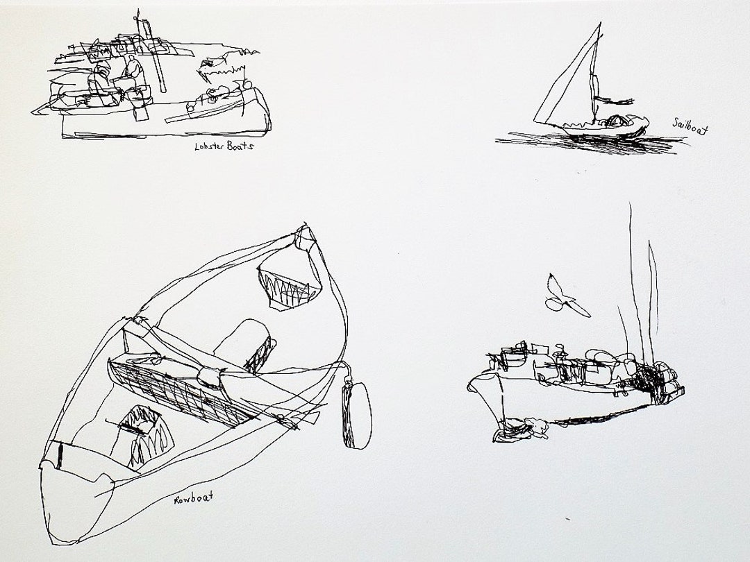 Pen and Ink Drawings, Boats Sketch Art, Blind Contour Drawing, Original ...
