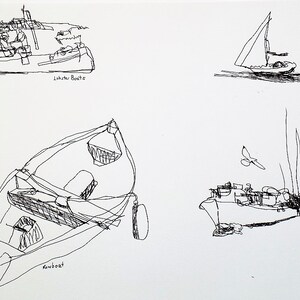 Pen and Ink Drawings, Boats Sketch Art, Blind Contour Drawing, Original ...