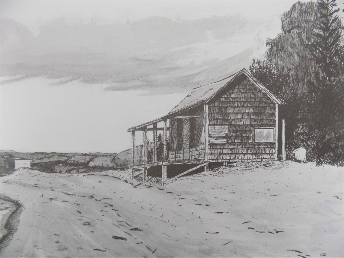 Beach Art Print, Pen and Ink Drawing of Beach House, Pen and Ink Print ...