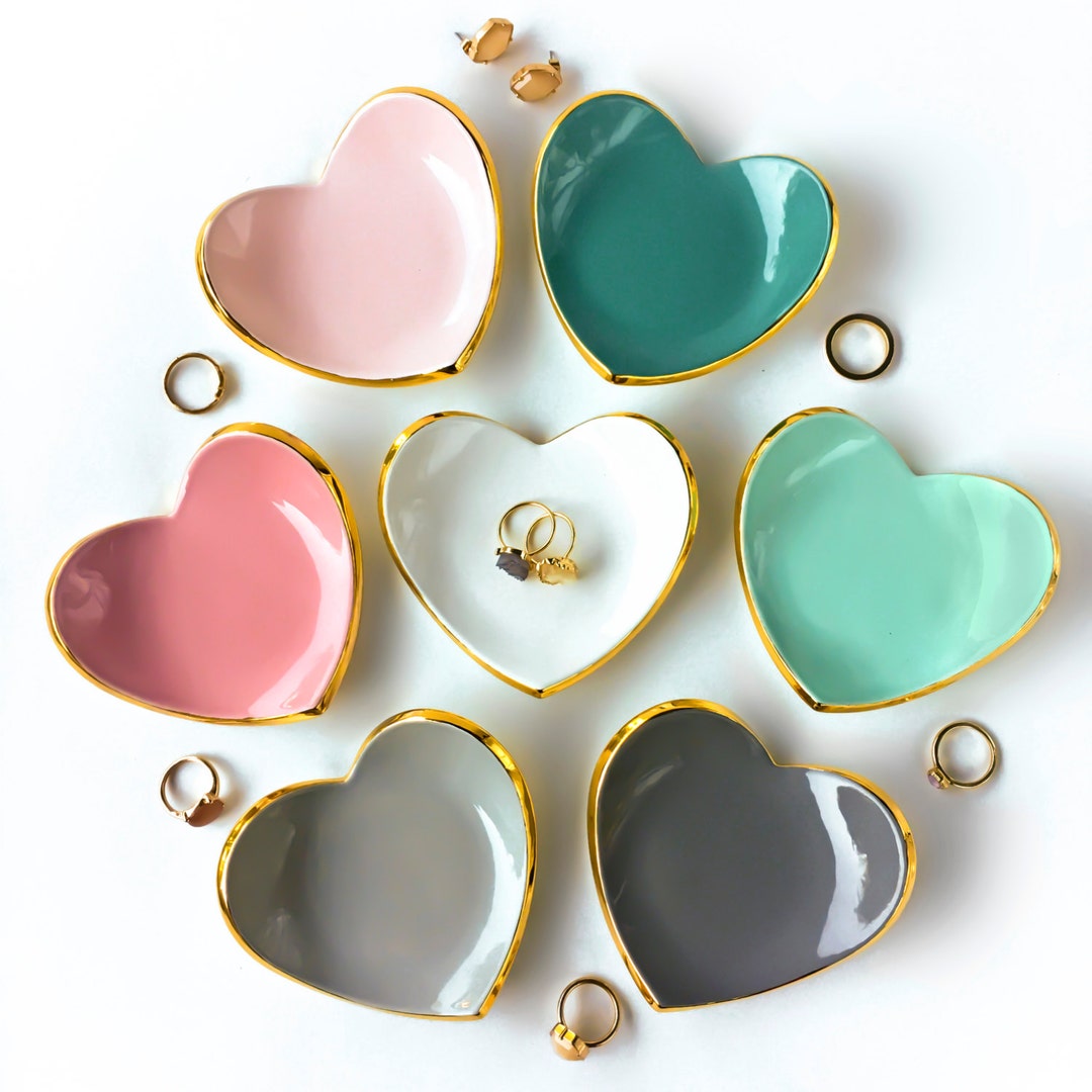 Gold Rim Heart Ring Dish - Ring Holder, Bridesmaid Gift, Wedding Favor ...