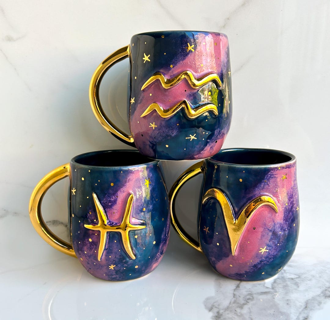 Zodiac Sign Mug Galaxy With 22k Gold by Modern Mud - Pisces - Etsy