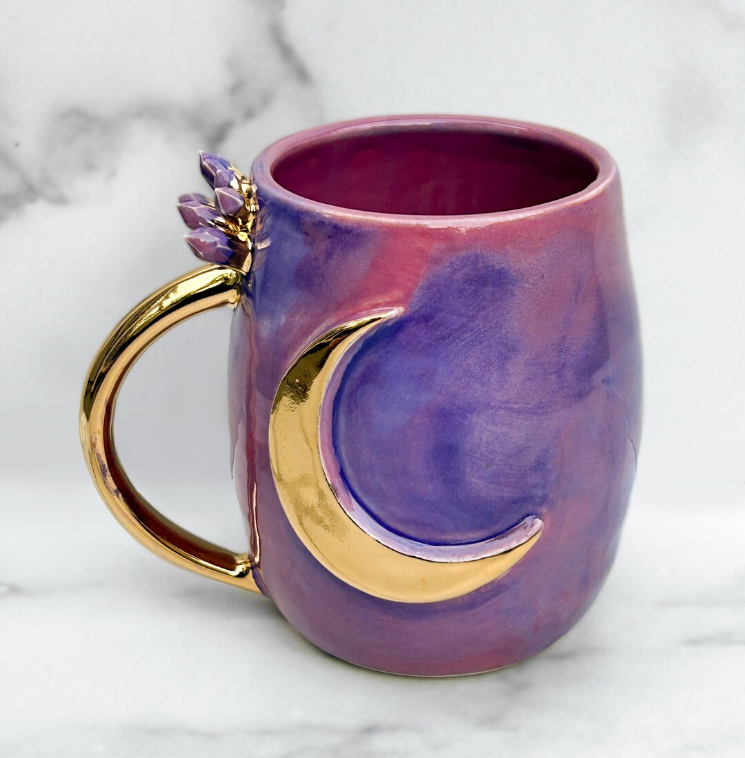 Golden Hour Crystal Mug With Gold Moon, Geode Mug, Amethyst Mug, Sunset ...