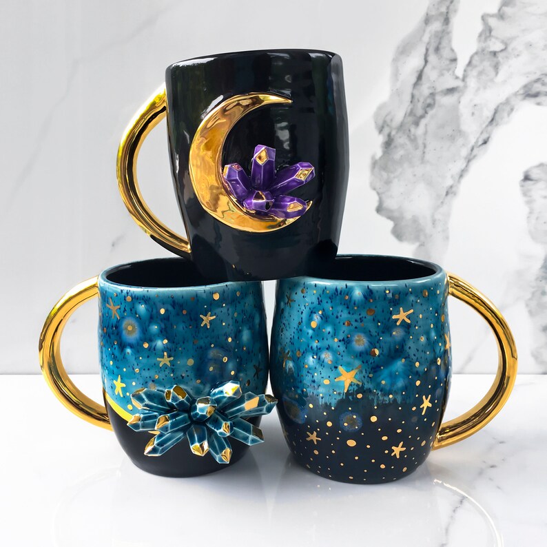 Crystal Mug Lunar Crystal Mug in Amethyst or Aquamarine Gold | Etsy