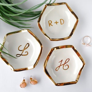 Personalized Ring Dish, Hexagon, White and Gold Monogrammed Ring Holder ...