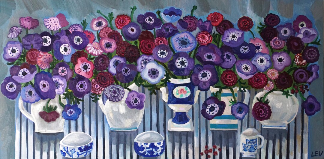 Original Purple Anemone Oil Painting: Naive Floral Still Life, 48x24 ...