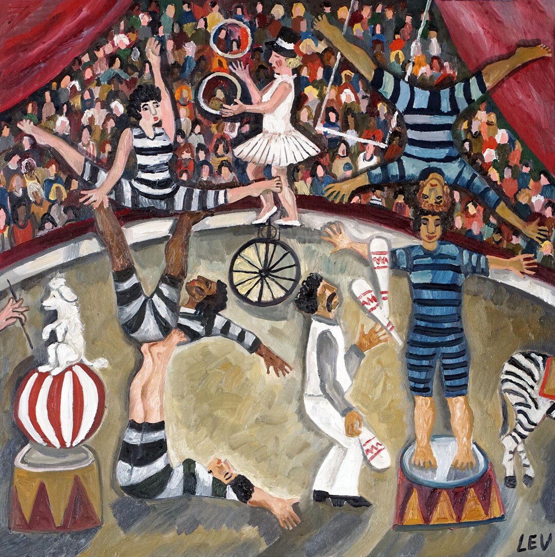Circus Performance Original Oil Painting – Acrobats, Jugglers, Animals ...