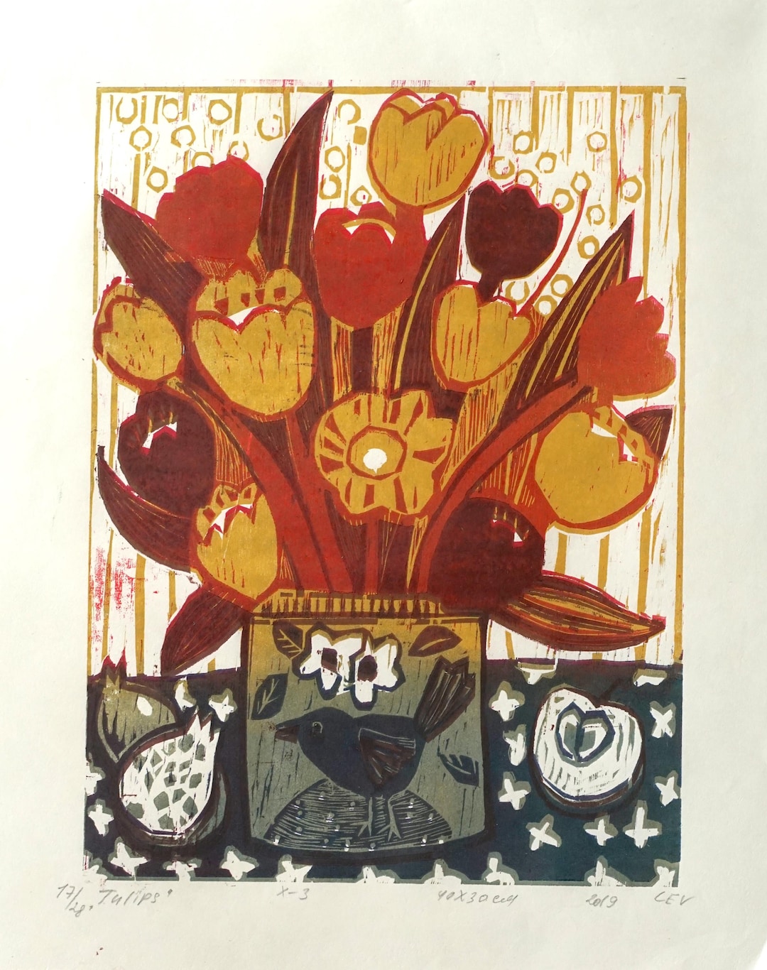 Original Woodcut Prints. Floral Still Life Print, "tulips"wall Art ...