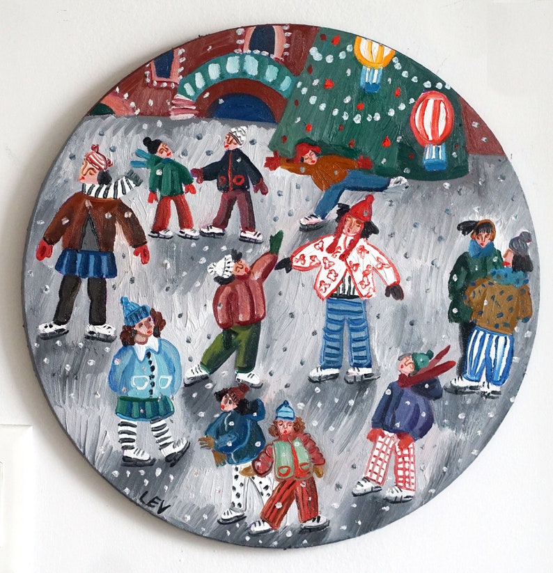 Round. Original Oil Painting of Ice Rink Holiday Greeting Holiday ...