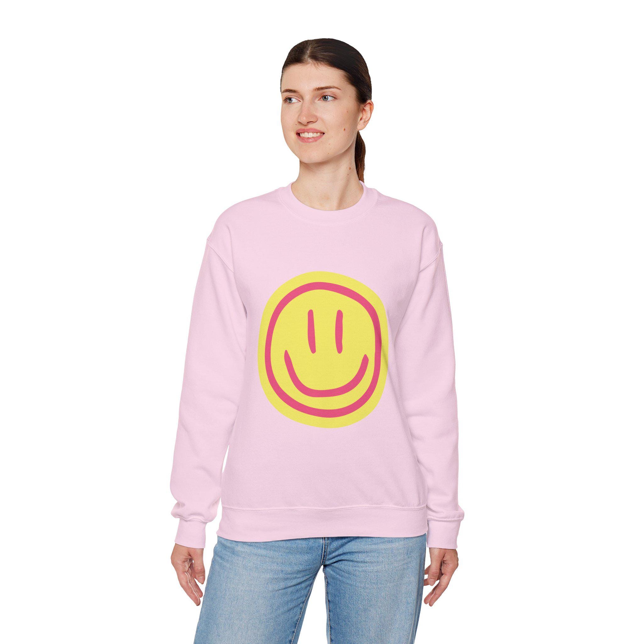 Smiley Face Pink Crewneck Sweatshirt, Happy Face Jumper, Unisex ...
