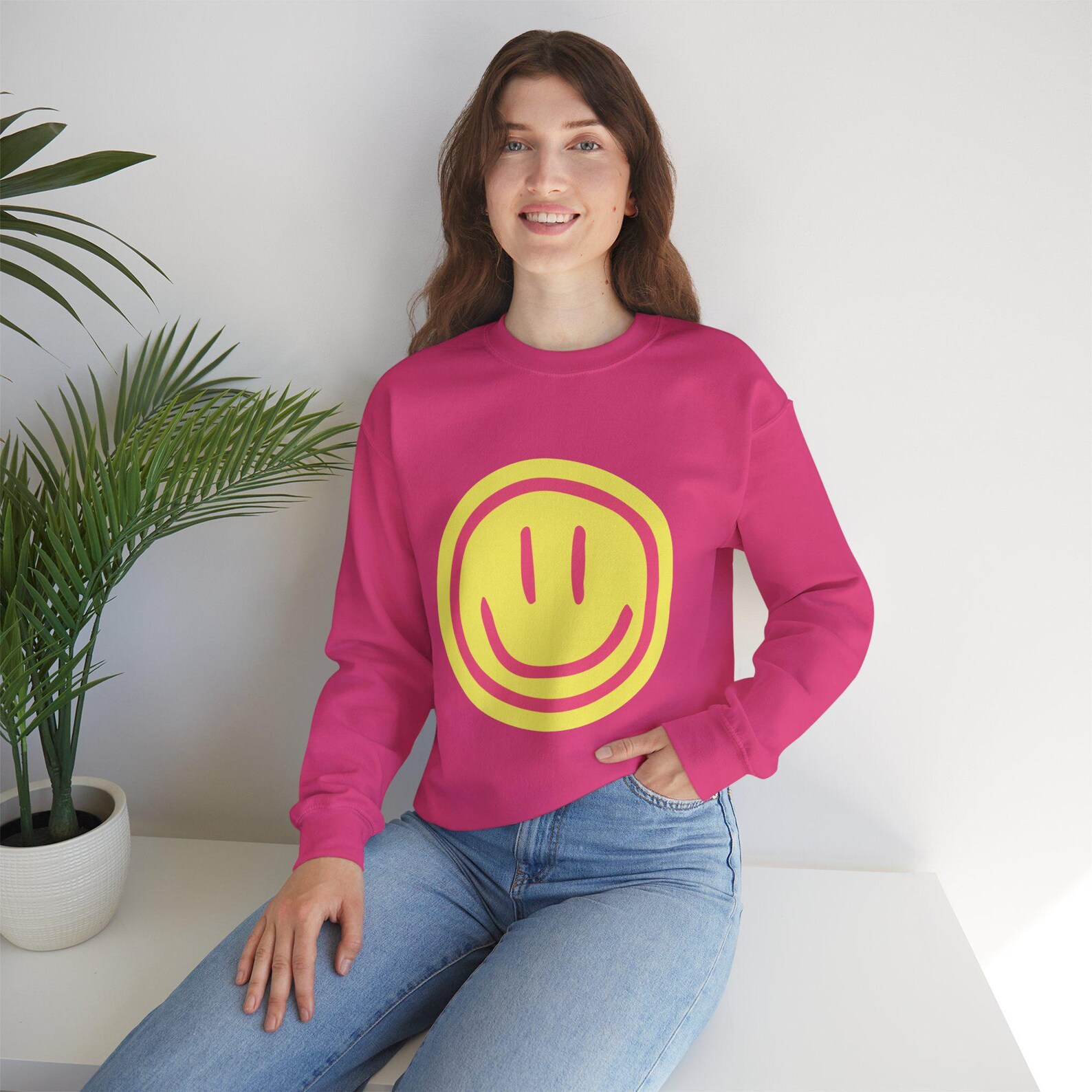 Smiley Face Pink Crewneck Sweatshirt, Happy Face Jumper, Unisex ...