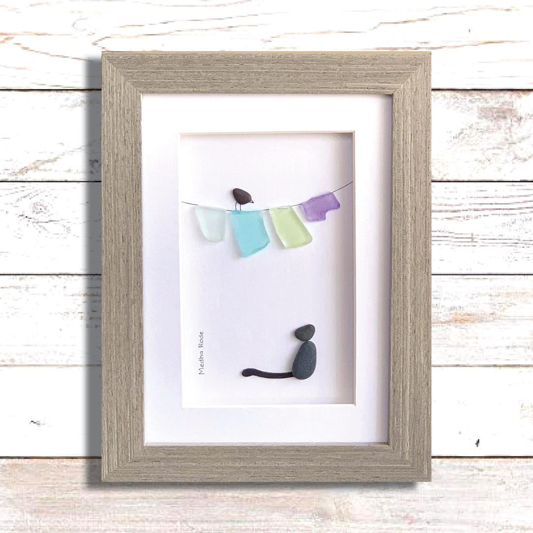 Cat Pebble Art, 5 by 7, Kitty and Bird on Clothes Line, Original, One ...