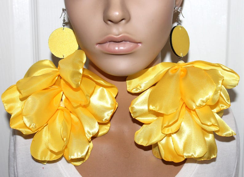 Yellow Satin Fabric Flower Petal Earrings| Long Dangle Earrings| Unique ...