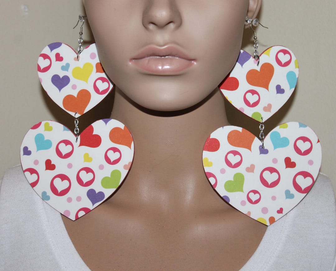 Colorful Heart Print Heart Shape Earrings | Oversized Wooden Earrings ...