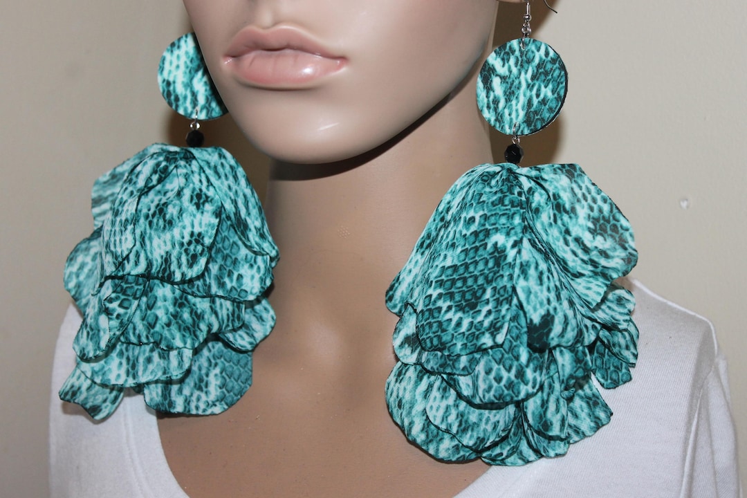 NEW! Aqua Snake Print Fabric Flower Petal Earrings| Big Bold Statement ...