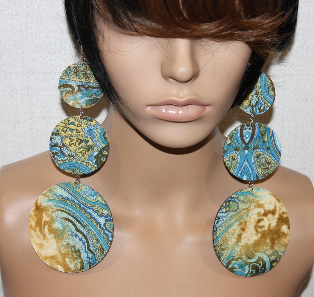 Blue Mixed Design Print Mismatch Fabric Earringstiered Statement ...