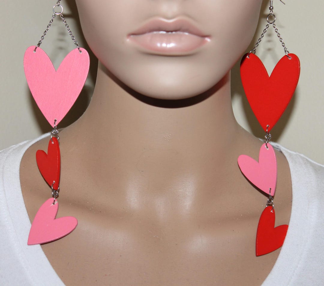 Valentine's Day Heart Dangle Earrings | Wooden Statement Earrings - Etsy