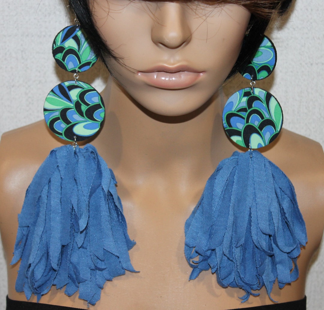 Colorful Mixed Print Fabric & Wood Dangle Earringstiered Statement ...