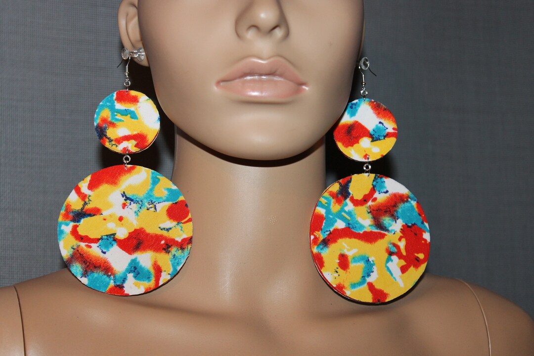 Colorful Abstract Print Fabric Earrings| Wooden Earrings| Big Statement ...