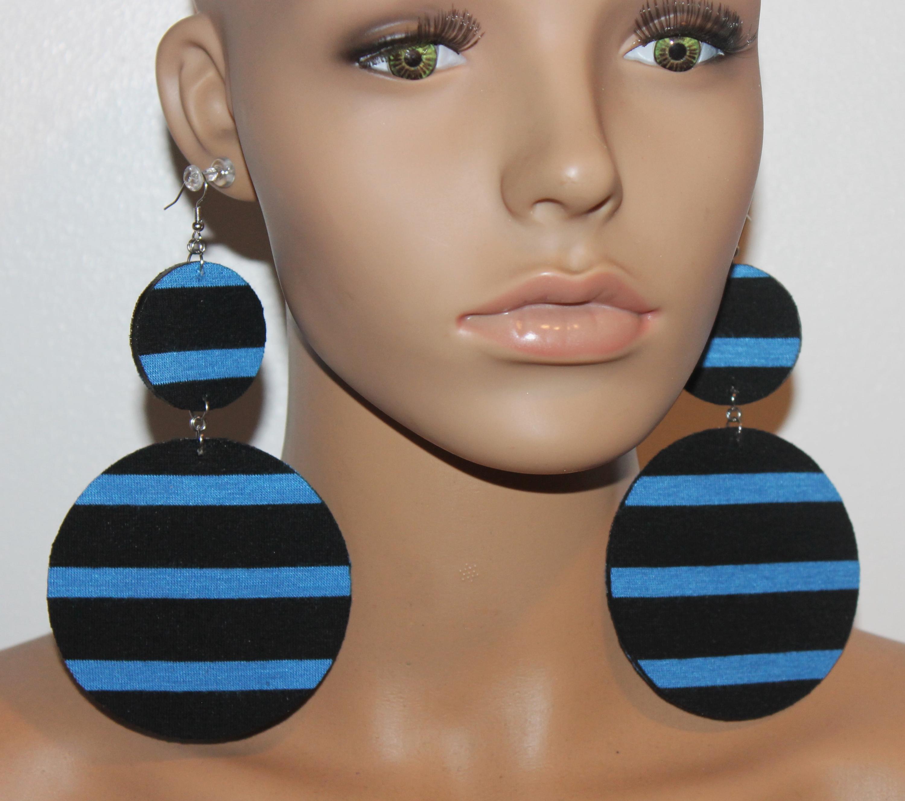 Royal Blue & Black Striped Fabric Wooden Earrings| Fashion Earrings ...