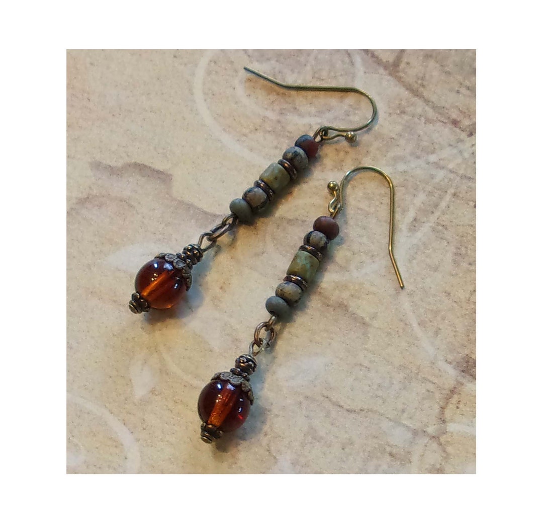 Antique Brass Glass Picasso Earth Moss Rust Dark Topaz Brown Green Red ...