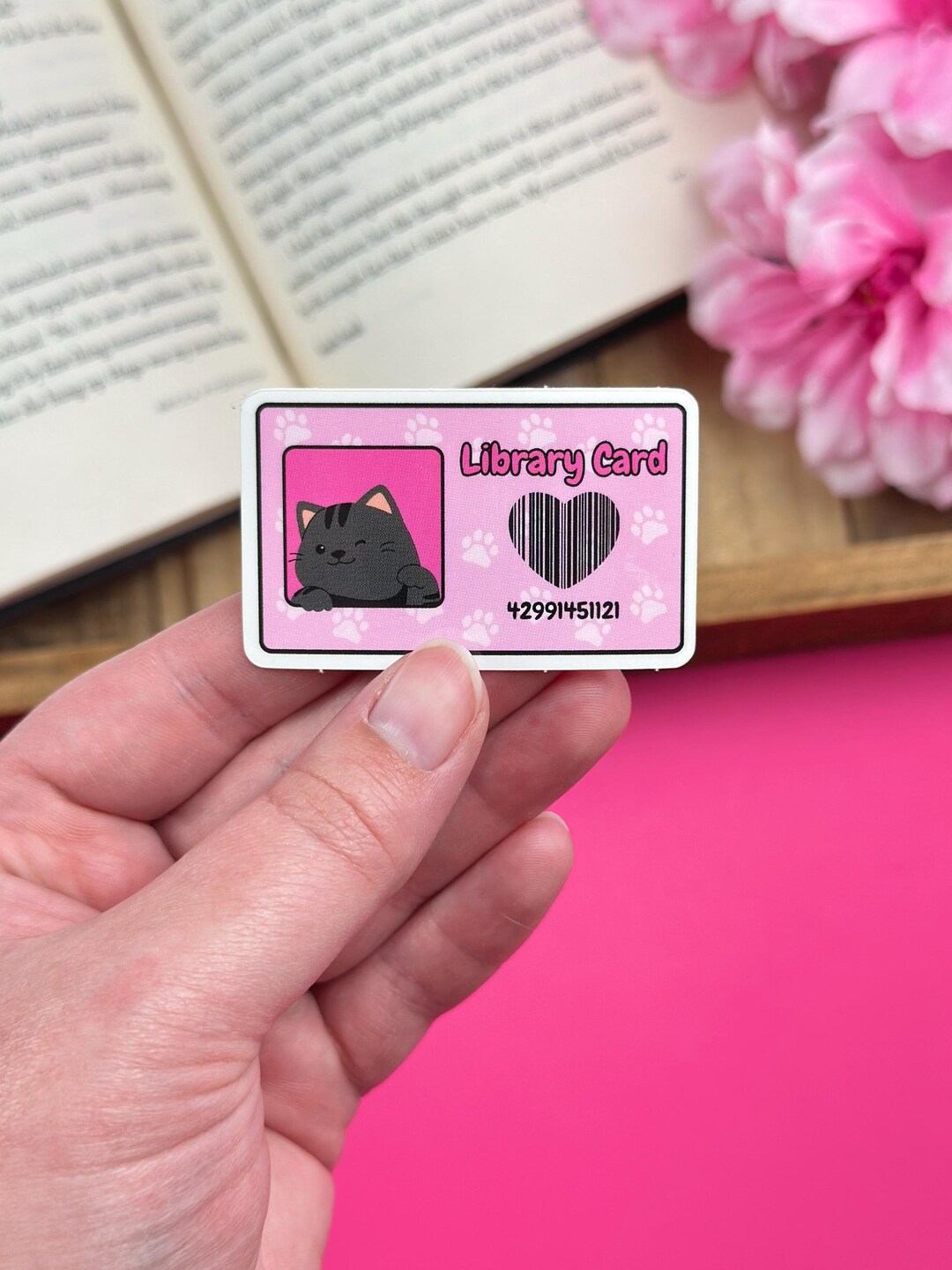 Cat Library Card Vinyl Sticker, Pink Reading Accessories, Black Cat ...