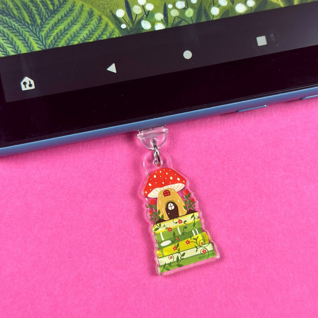 Cottagecore Book Stack Kindle Charm, USB Phone Charm, Red Mushroom ...