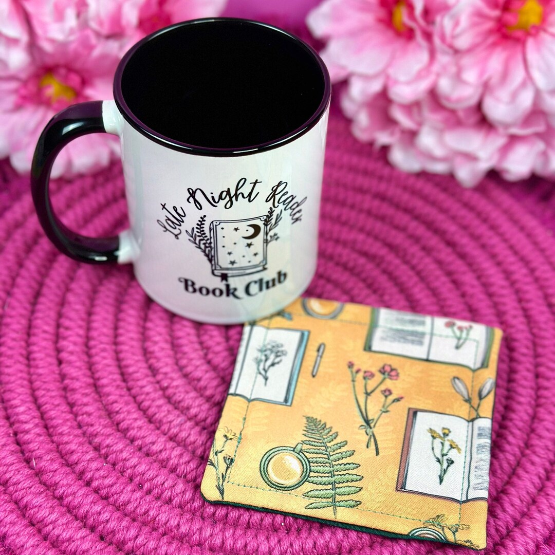 Books & Plants Mug Rug, Floral Coaster, Drink Coasters, Book Lover Gift ...