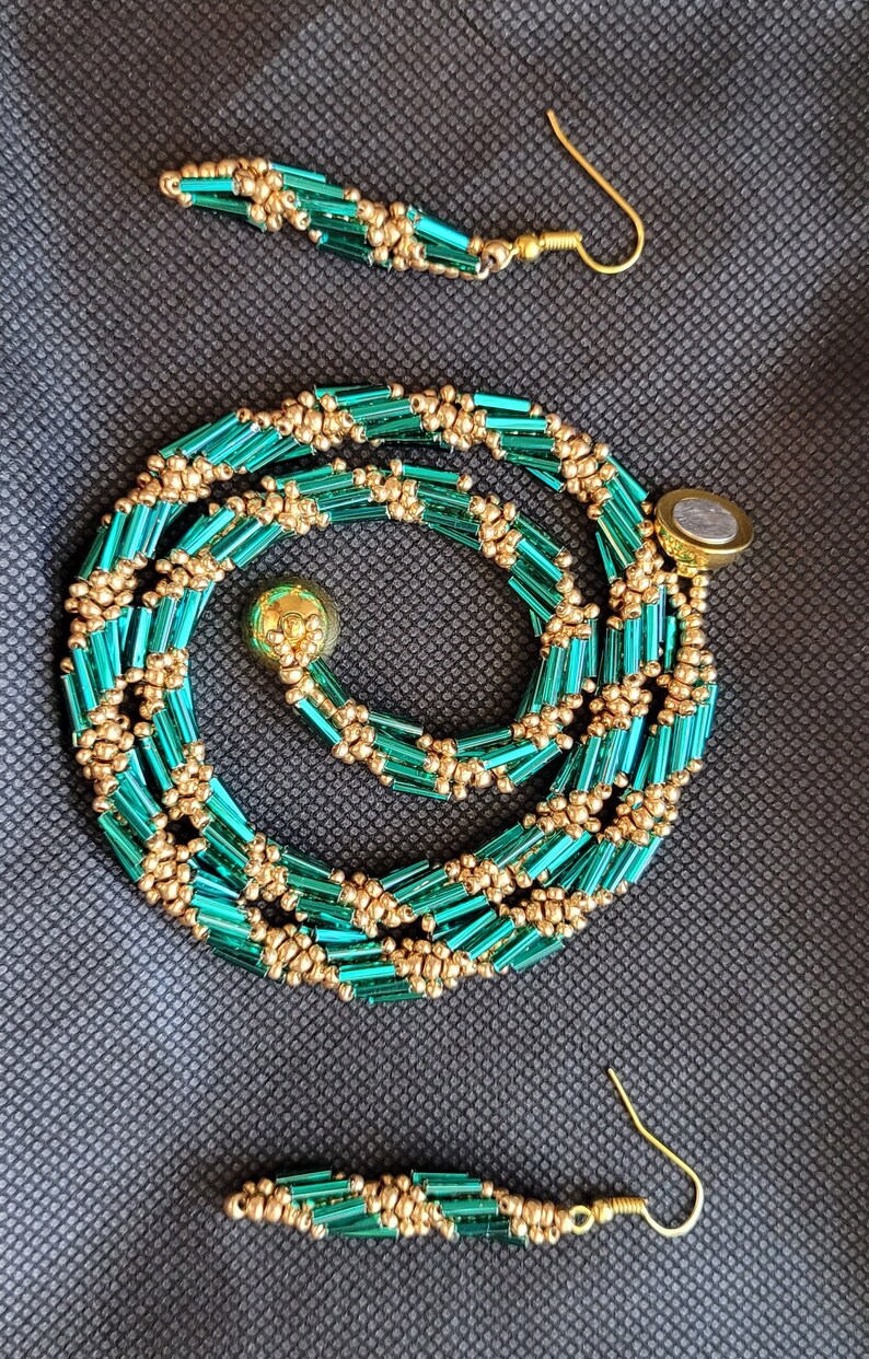 Elegant Hand Beaded Spiral Bugle Necklace and Earring Set, - Etsy