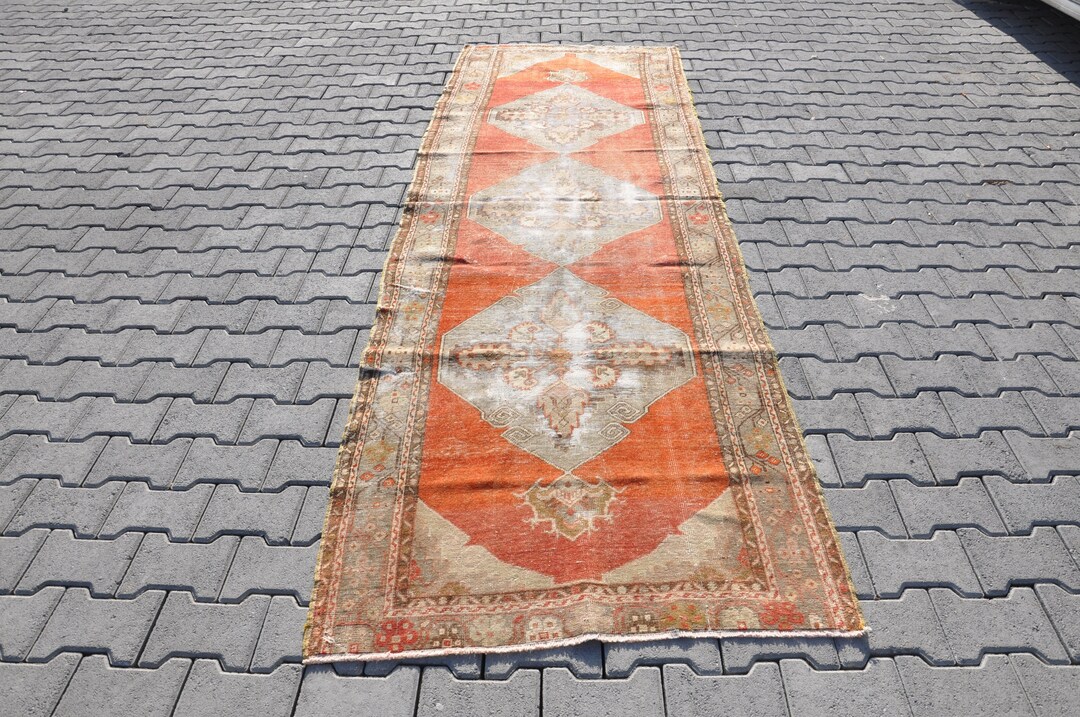 3x11 Brick Colored Oushak Runner Rug / Vintage Turkish Rugs / Corridor ...
