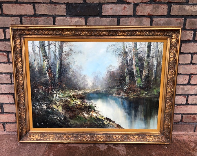 Vintage Original Oil Landscape Painting, Kort, Lake Art, Gold Ornate ...