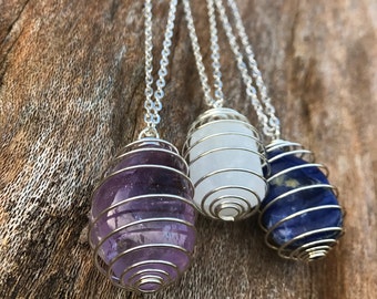CHOOSE CRYSTAL Cage Necklace on Silver Chain Crystal Healing Necklace Gemstone Necklace Custom Length Mayan Rose Etsy